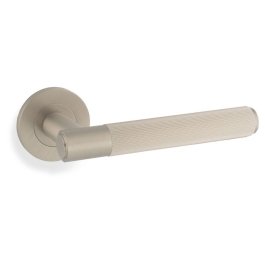 Satin Nickel Finish Reeded Spitfire Lever Handle On Round Rose
